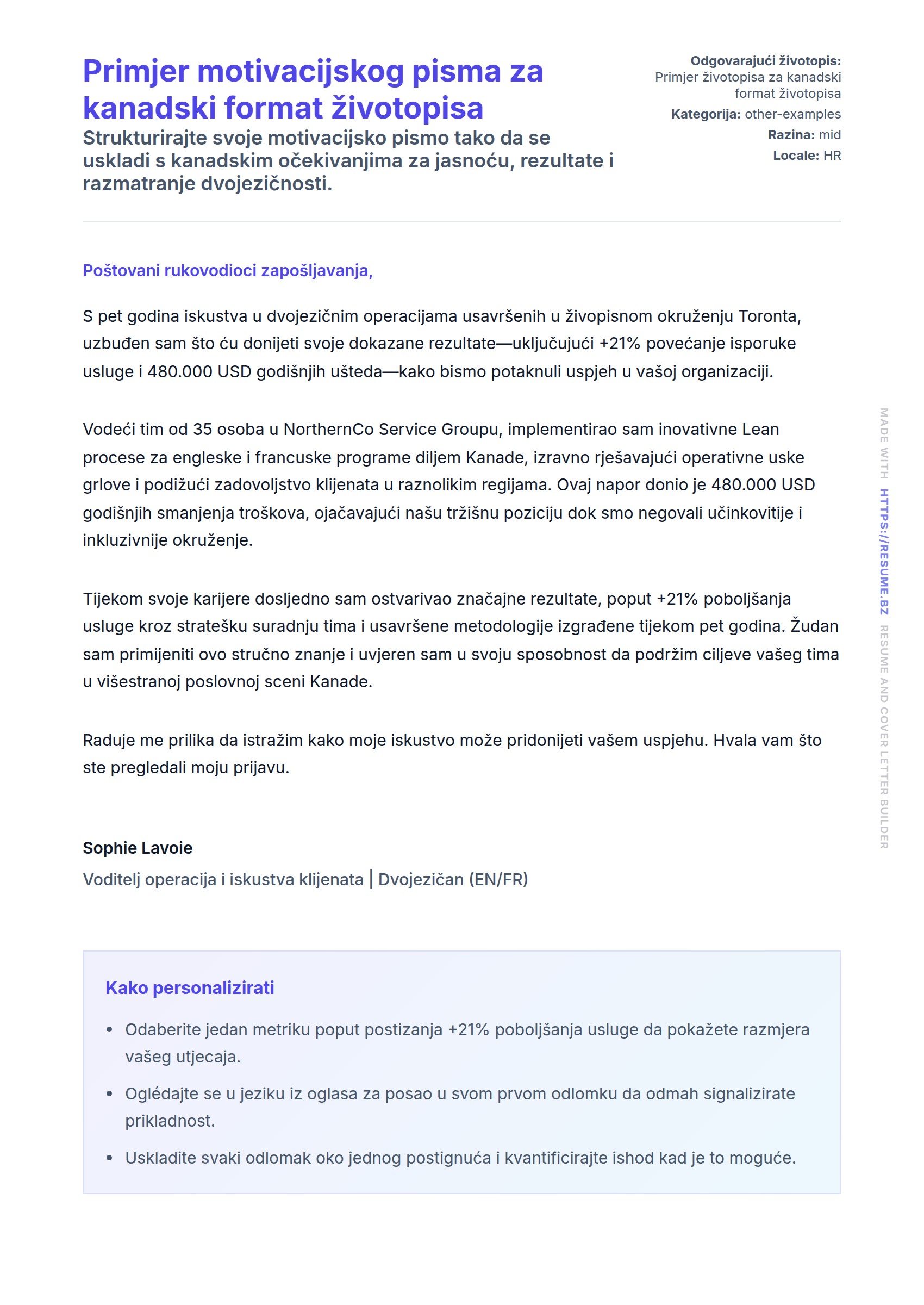Primjer motivacijskog pisma za kanadski format životopisa – Resume.bz