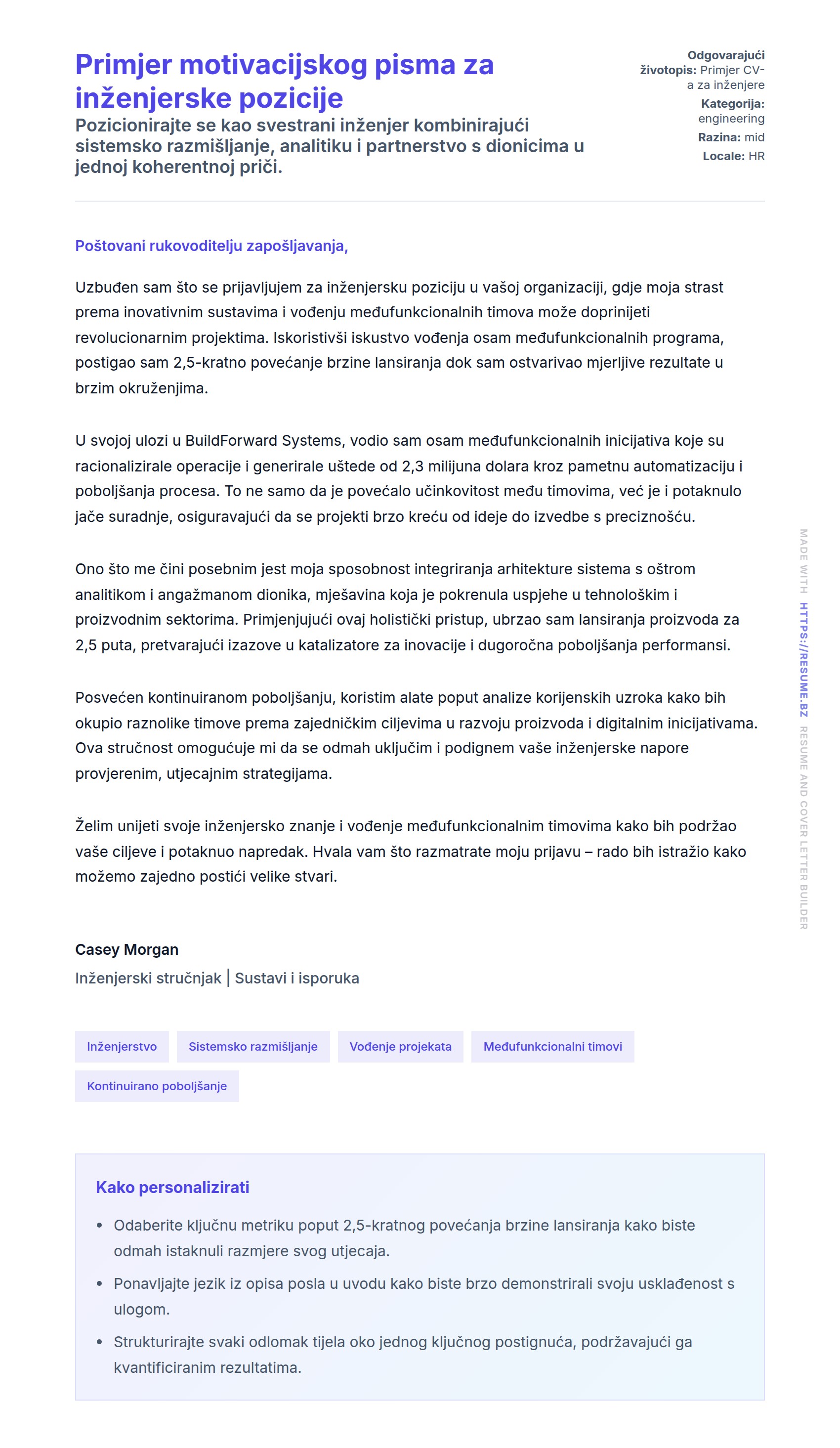 Primjer motivacijskog pisma za multidisciplinarne inženjerske uloge – Resume.bz