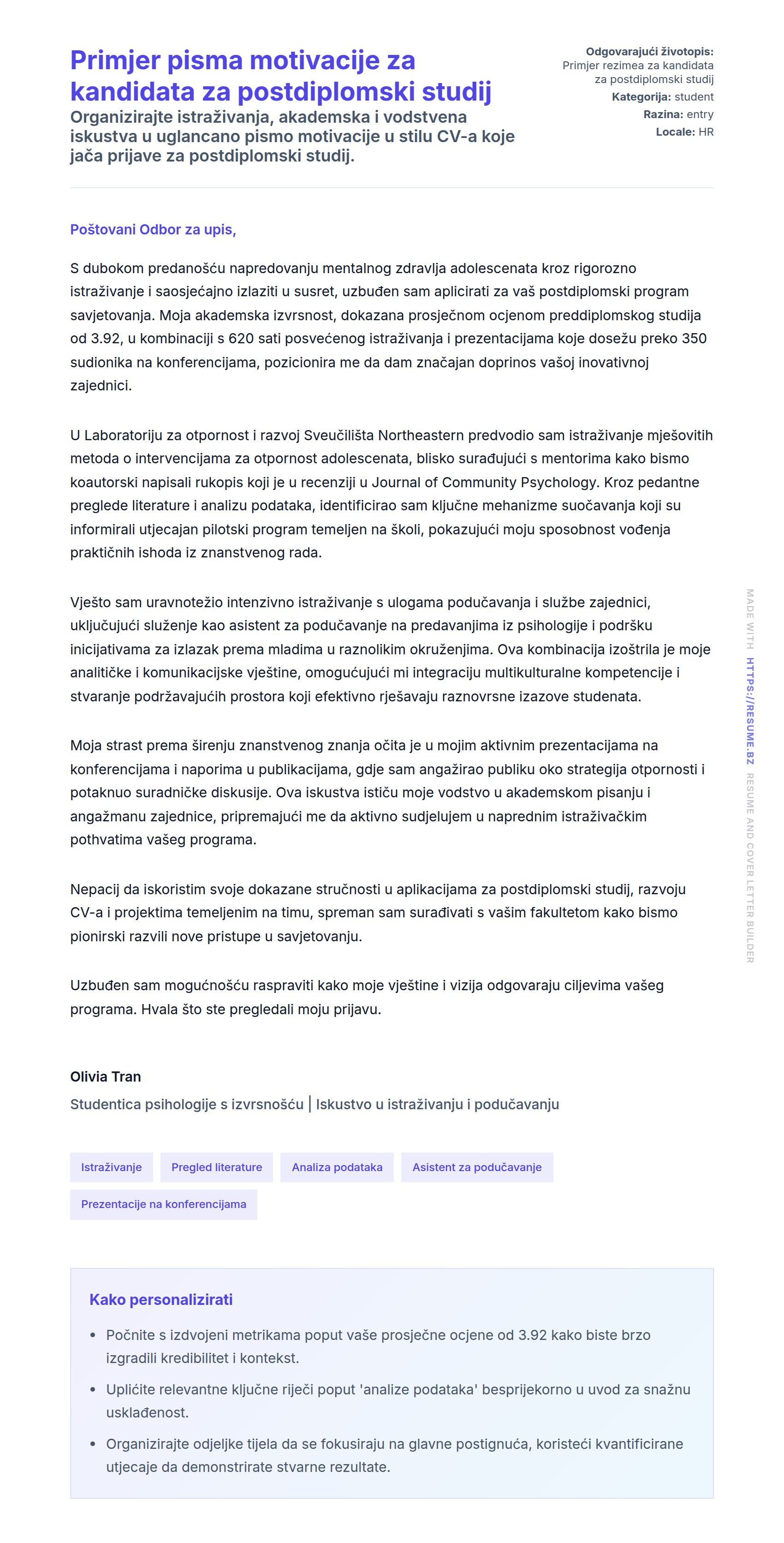 Primjer pisma motivacije za postdiplomski studij koji naglašava iskustvo u istraživanju – Resume.bz