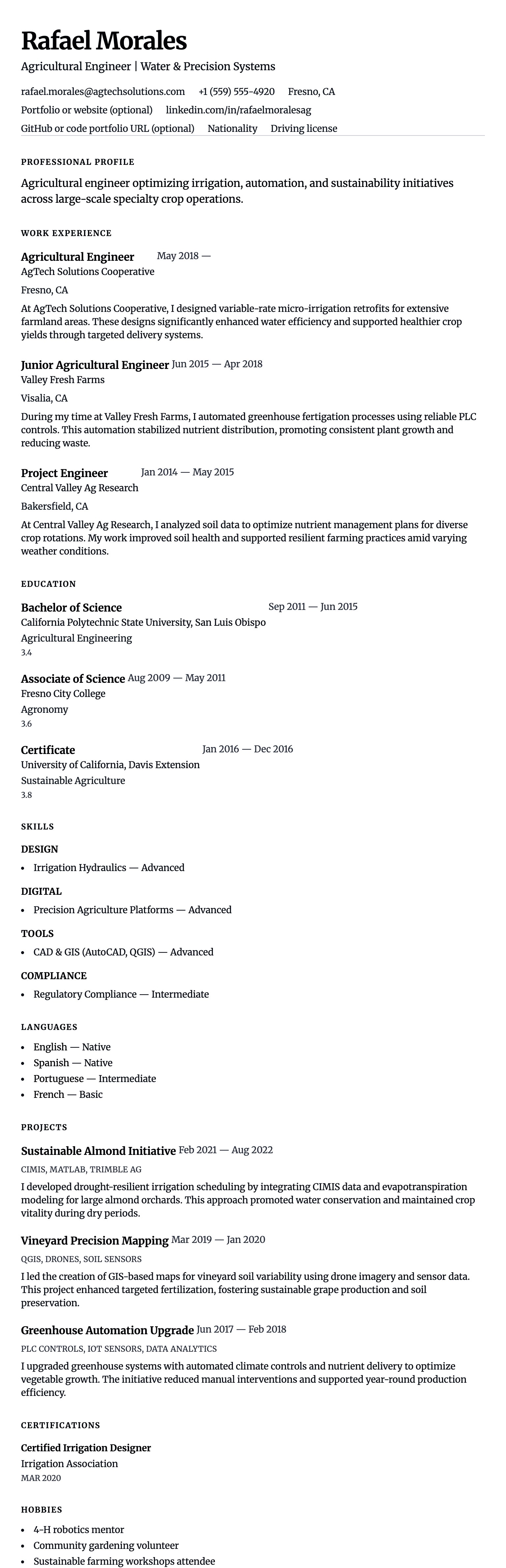 Agricultural Engineer Resume Example for Precision Farming – Resume.bz