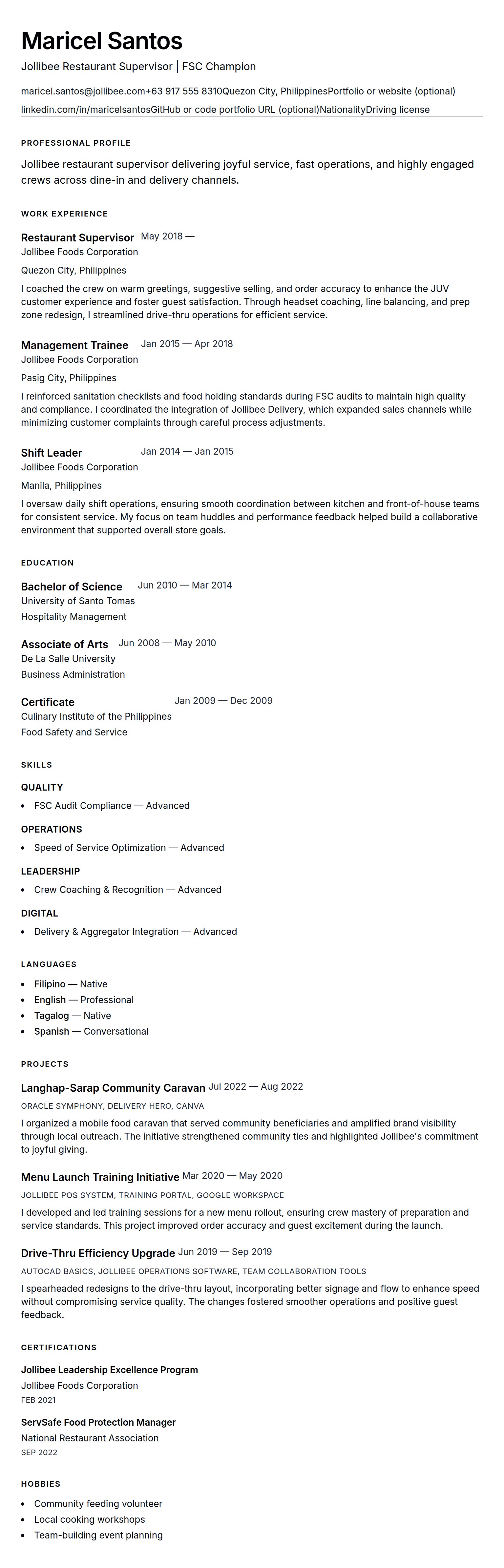 Jollibee Restaurant Supervisor Resume Example Celebrating Joyful ...