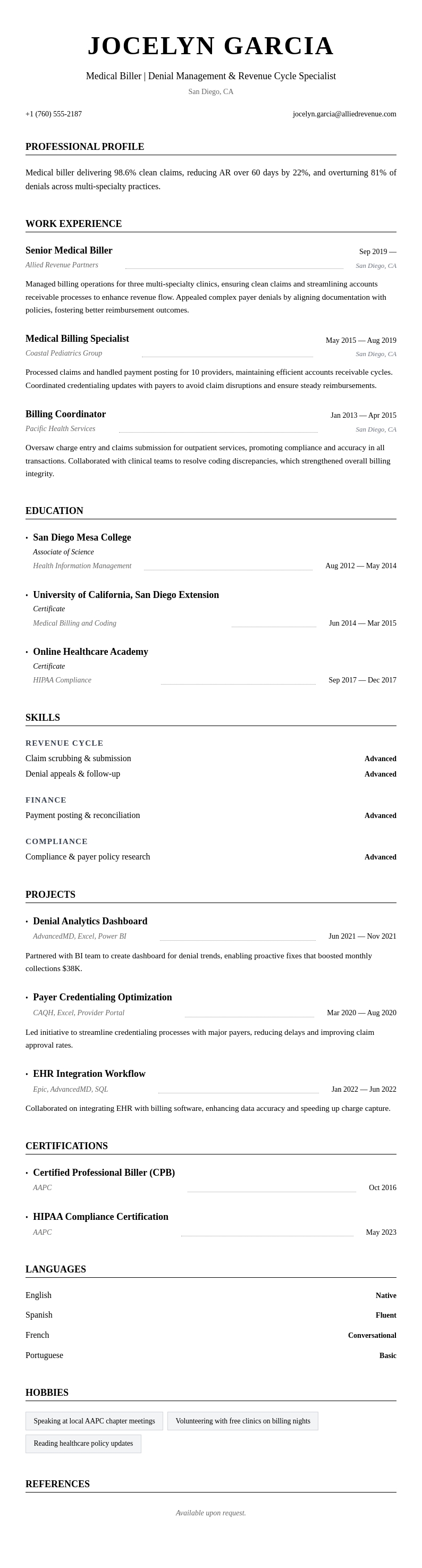 Medical Biller Resume Example Achieving 98.6 Percent Clean Claims – Resume.bz