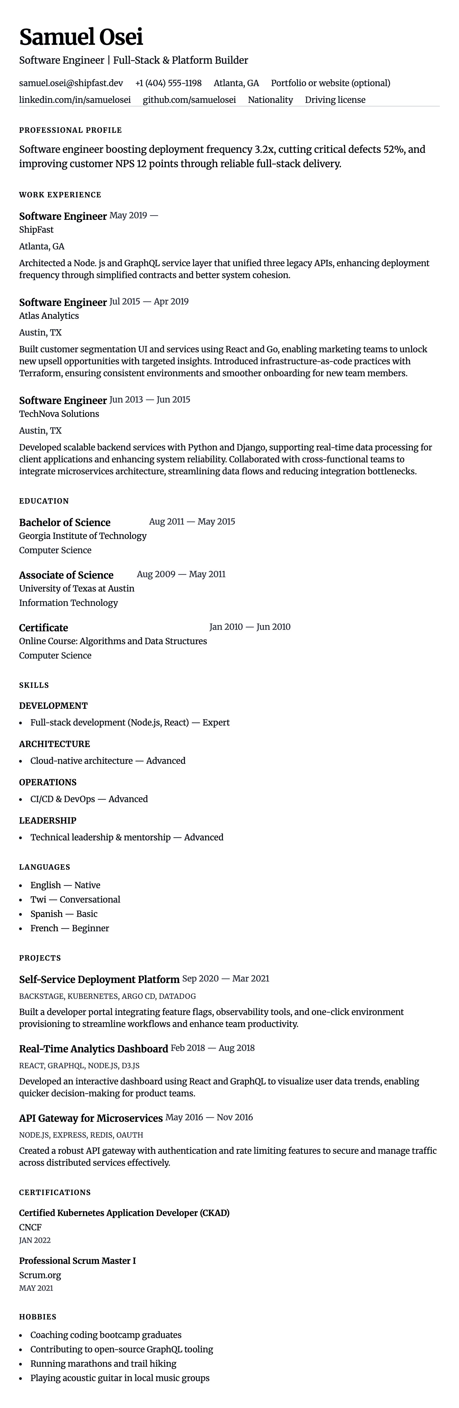 Software Engineer Resume Example Increasing Deployment Frequency by 3.2x – Resume.bz